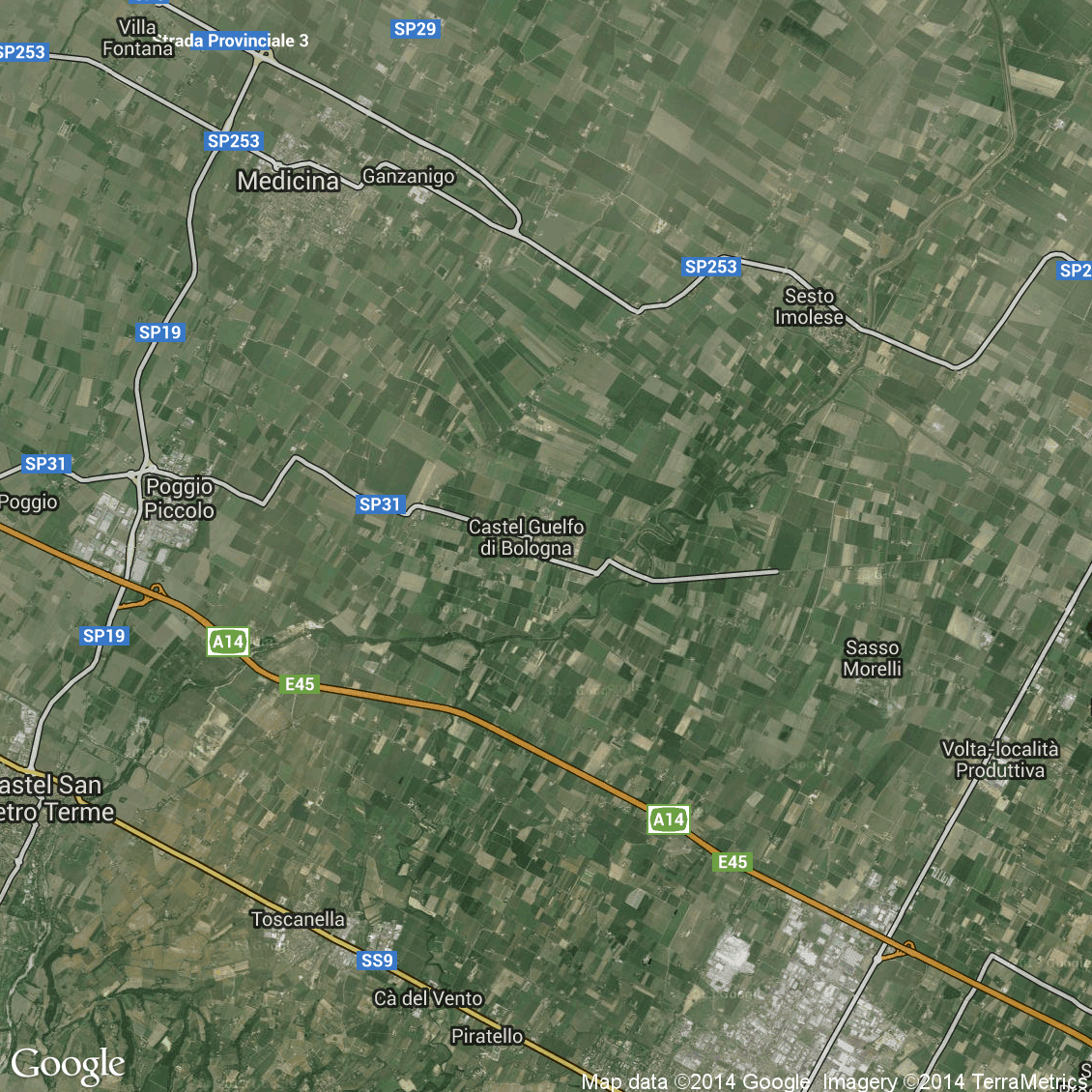 Foto hibrida aerea del comune di Castel Guelfo di Bologna con strade e ...