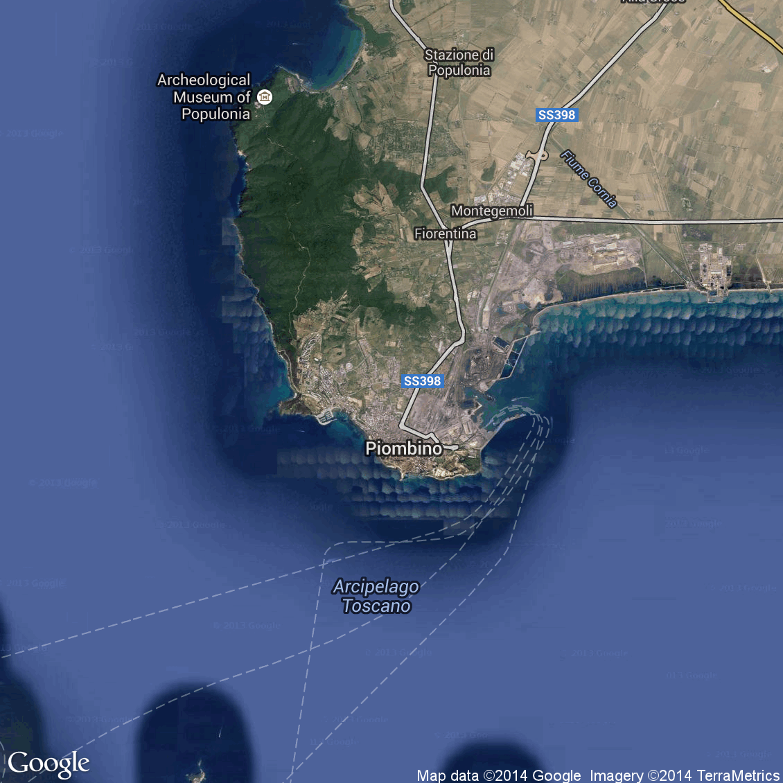 Foto hibrida aerea del comune di Piombino con strade e vista ...