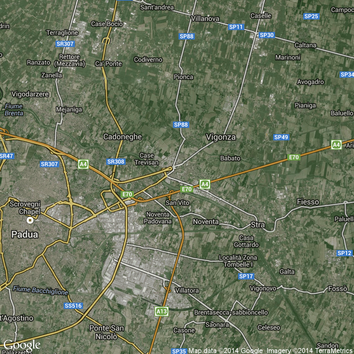 Foto hibrida aerea del comune di Vigonza con strade e vista satellitemedia e alta risoluzione